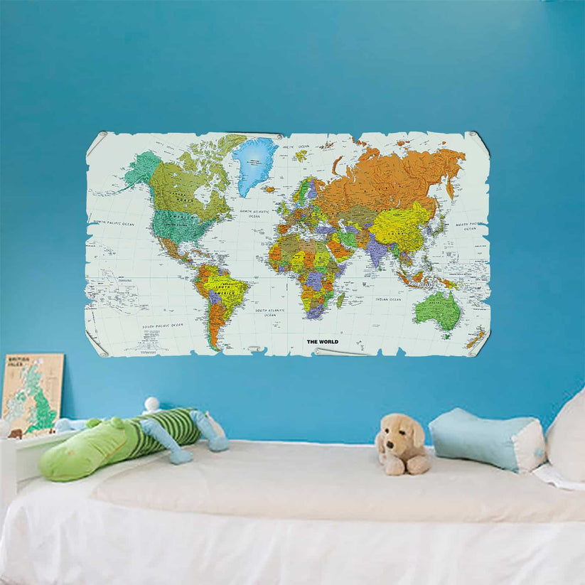 World Map Wall Sticker – Vintage Scroll Map Wall Decal for Living Room ...